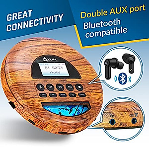 KLIM Nomad Wood + Portable CD Player Walkman + Long-Lasting Battery + Includes Headphones + Radio FM + Compatible MP3 CD Player Portable + TF Card, Radio FM, Bluetooth + Ideal for Cars + New 2022