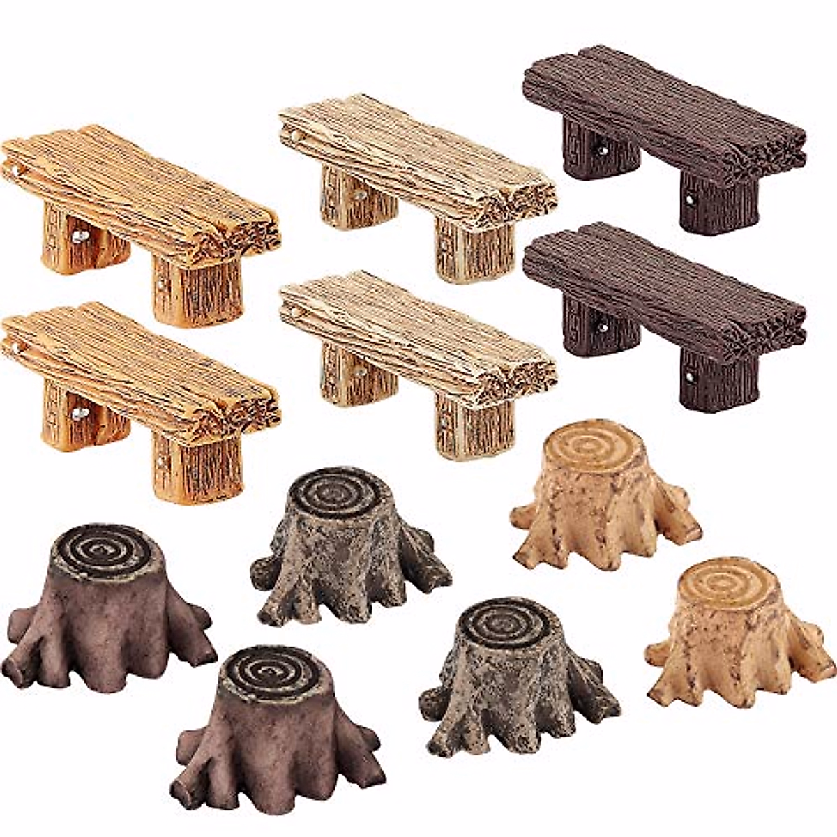 12 Pieces Miniature Fairy Garden Ornaments, Includes 6 Pieces Retro Wooden Style Benches, 6 Pieces Artificial Mini Root Stump for Moss Terrariums Landscape Dollhouse Accessories Decorations