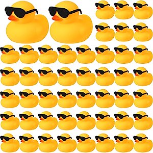 Chivao 48 Pcs Mini Rubber Ducks Bath Duck in Bulk 48 Sunglasses Toy Set Christmas Valentine Duck Gift Bath Toy Bathtub Toys for Gift Holiday Cruise Birthday Party Favor(Yellow, Black)