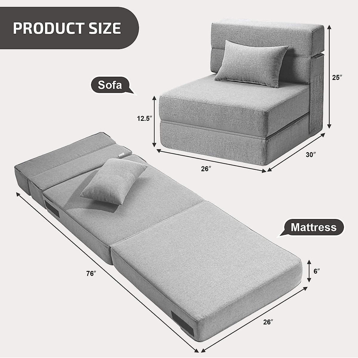 SUYOLS Folding Sofa Bed with Pillow- Convertible Chair Floor Couch & Sleeping Mattress - Foldable Memory Foam Sleeper for Living Room/Dorm/Guest Room/Home Office/Apartment/Upstairs Loft, Light Grey