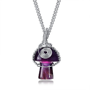 Tsnamer Mushroom Crystal Necklace Wire Wrapped Crystal Mushroom Pendant Necklace for Women Jewelry Gifts (Amethyst Silver)