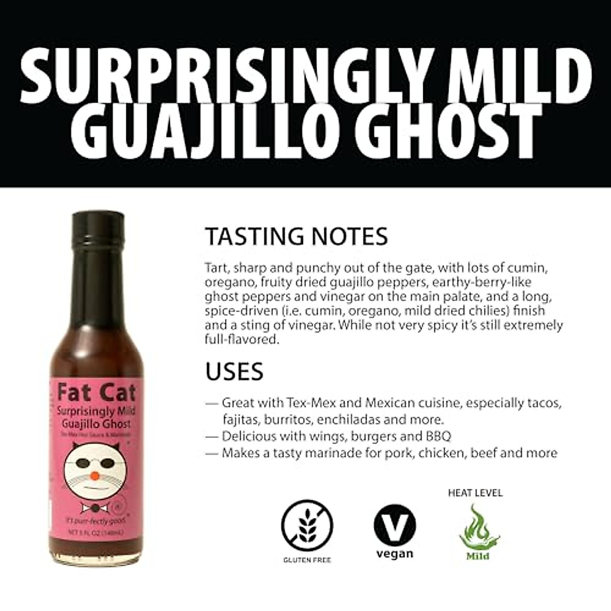 Surprisingly Mild Guajillo Ghost Tex-Mex Hot Sauce and Marinade by Fat Cat Gourmet - Savory Smoky Flavor - Mild Heat - For Tacos, Burritos, Fajitas - Gluten Free, Vegan & Keto Friendly - 3 Bottles