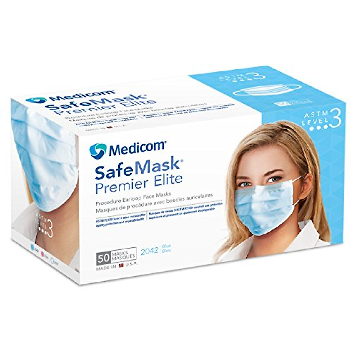 Medicom 2042 SafeMask Premier Elite Earloop Masks, Blue (Pack of 50)