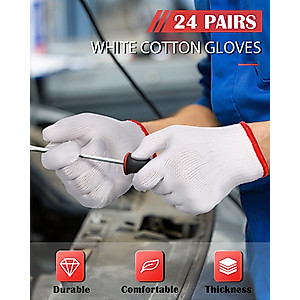 Hicarer 24 Pairs Cotton Hand Working Gloves White Cotton Liners Gloves for Safety Work Gloves Thicker Men Women Cotton BBQ Gloves(Red Edge)