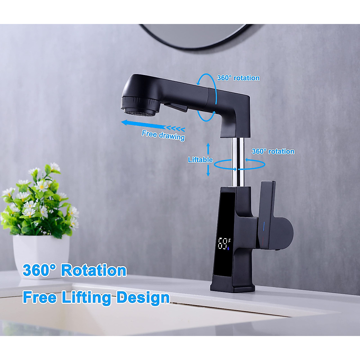 Qeemee LED Bathroom Faucet with Pull Out Sprayer, Matte Black Temperature Digital Display Sink Faucet 5 Water Flow Modes with 360° Swivel Spout Single Handle Lift Brass Faucet