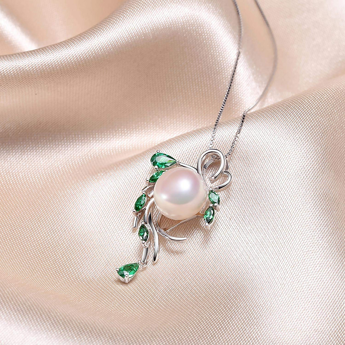 HXZZ Fine Jewelry Gifts for Women 925 Sterling Silver Freshwater Cultured White Pearl Pendant Necklace Green Hope