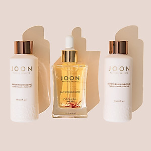 Joon Moisturizing Travel Size Gift Set | Saffron Hair Elixir (1.11 fl oz), Saffron Rose Shampoo (2 fl oz) and Conditioner (2 fl oz)