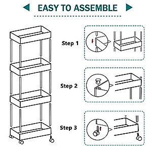 PILITO Slim Storage Cart 4 Tier Rolling Utility Cart Mobile Shelving Unit Organizer with Wheels for Bathroom, Kitchen, Office, Laundry Narrow Places & Dressers, Plastic & Stainless Steel, White