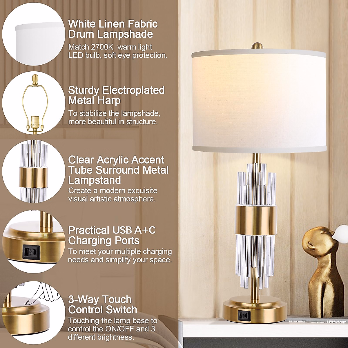 QiMH Table Lamp for Living Room with USB A+C Ports, Gold Bedside Lamps for Bedrooms Set of 2 with Touch Control, Modern Nightstand Lamp White Lamp Shade Home Office Decor (2700K LED Bulb Included)