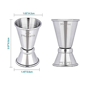 PHILORN 2 Set Double Jigger 0.5 & 1 oz 304 Stainless Steel with Recipe 15ml & 30ml Measuring Cup Measure Liquor Quickly Accurately Cocktail Jigger Round Edge and Thin Waist for Comfort Holding