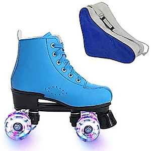 Women's Roller Skates PU Leather High-top Roller Skates Four-Wheel Roller Skates Shiny Roller Skates with Carry Bag for Girls (7, Blue Flash Wheel)
