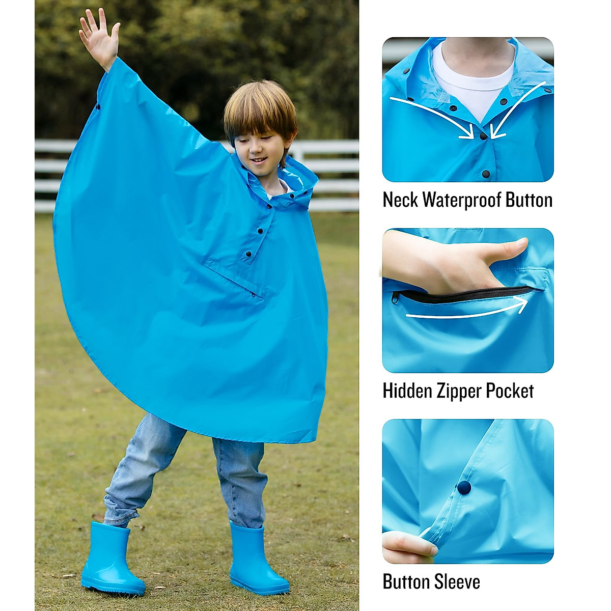 Lightweight Kids Rain Poncho Jacket Waterproof Outwear Rain Coat Blue X-Large