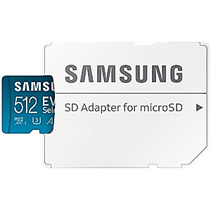 SAMSUNG EVO Select Micro SD-Memory-Card + Adapter, 512GB microSDXC 130MB/s Full HD & 4K UHD, UHS-I, U3, A2, V30, Expanded Storage for Android Smartphones, Tablets, Nintendo-Switch (MB-ME512KA/AM)
