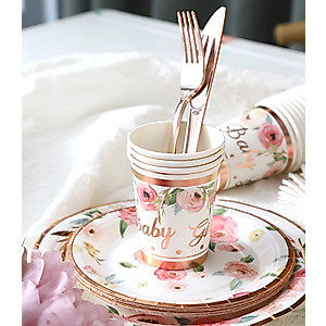 Rose Gold Baby Shower Plates and Napkins Girl - Serves 16 - Includes Baby Girl Plates Cups Napkins Knifes Forks Floral Baby Shower Decorations for Girl Baby Shower Favor Decor Party Supplies