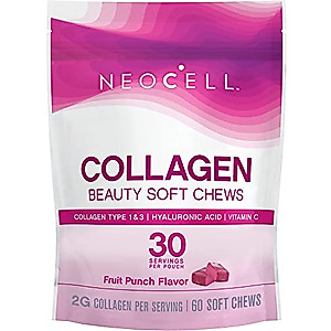 NeoCell Collagen Peptides Vitamin C & Hyaluronic Acid, Gluten Free, Supports Hair, Skin, & Nail Health, Collagen Type 1 and 3, Beauty Bursts, Fruit Punch, 60 Soft Chews