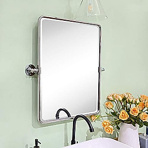 TEHOME 20 x 24 inch Farmhouse Chrome Metal Framed Pivot Rectangle Bathroom Mirror Rounded Rectangluar Tilting Beveled Vanity Mirrors for Wall