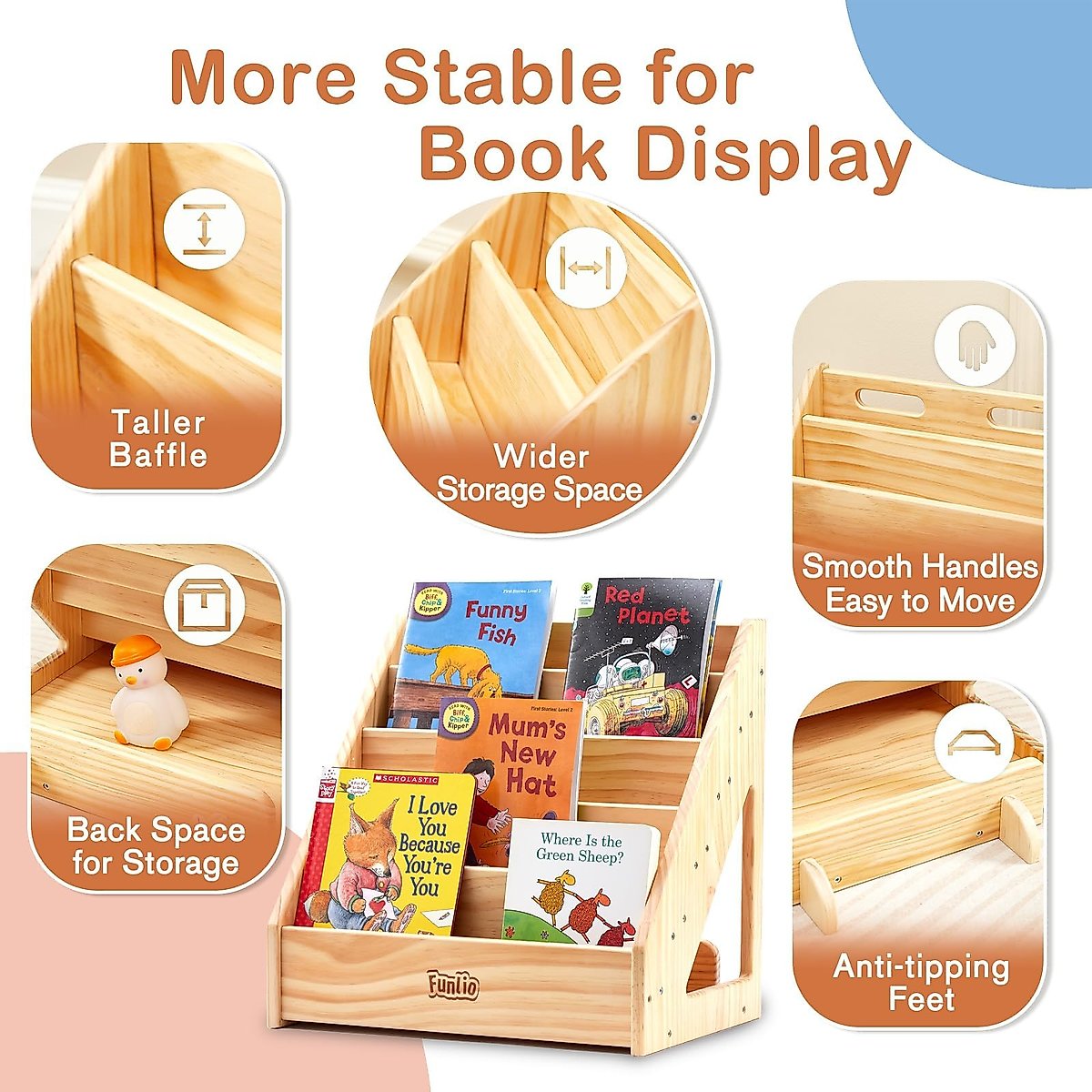 FUNLIO Montessori Bookshelf for Toddlers 1-5 Years, Front-Facing Kids Bookshelf with Handle & Anti-Tilting Device, Premium Pine Baby Bookshelf, Children's Bookcase for Nursery/Classroom, CPC Certified