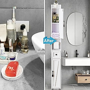 VECELO Bathroom Cabinet with Adjustable Shelf, Narrow Storage Cabinet for Small Space, Tall Cabinet with Metal Toilet Paper Rod,Drawer,2 Farmhouse Style Doors，Pearl White