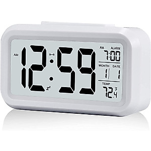 KAIJIELY Upgraded Digital Alarm Clock, 4.3" LED Display with Temperature Larger Lound Light Control Portable Snooze Calendar Brightness with Battery Powered Alarm Clocks Bedside for Everyone (White)