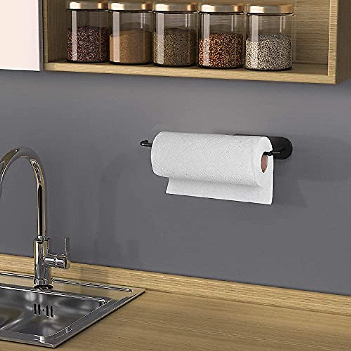 HUFEEOH Adhesive Paper Towel Holder Under Cabinet Wall Mount for Kitchen Paper Towel, Paper Towel Roll Rack for Bathroom Towel, SUS304 Stainless Steel (13 1/5inch, Black)