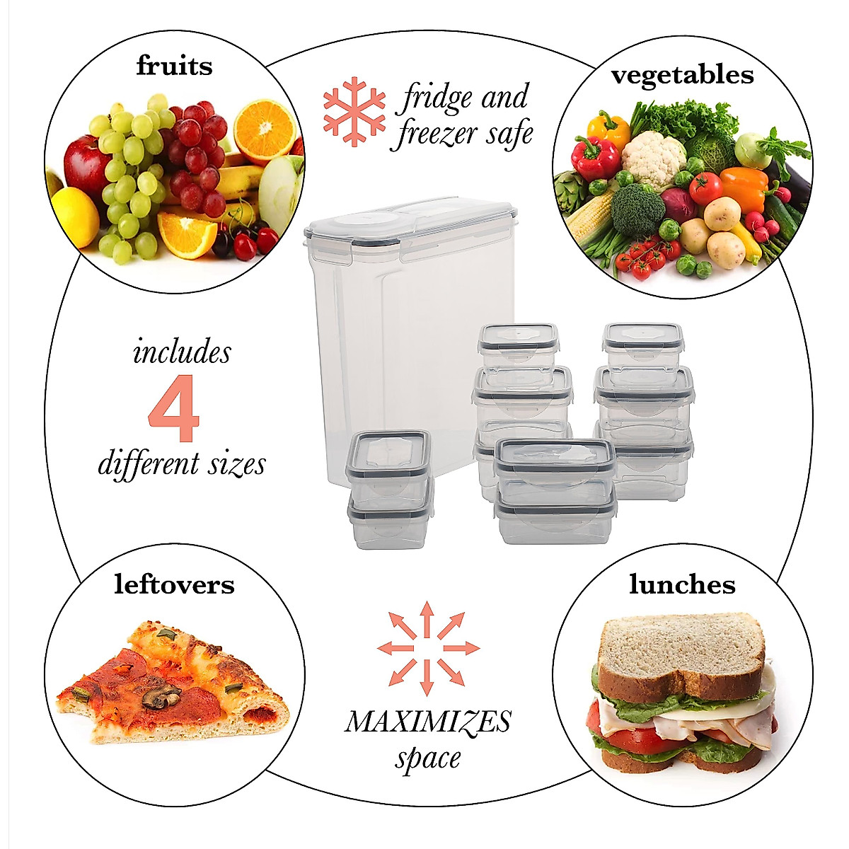 Kitchen Details 26 Piece Food Storage Container Set | 13 Containers and 13 Lids | Airtight | Stackable | BPA Free | Microwave | Dishwasher | Freezer Safe | 5.9L | 402ml | 236ml | 6.4oz | Grey