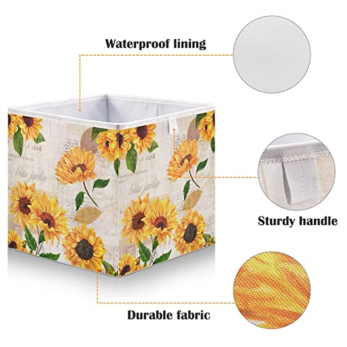Rectangular Storage Baskets ,Retro Sunflower Fabric Storage Bin Organizer,Collapsible Storage Basket for Toy, Clothes,Books.Shelves Basket