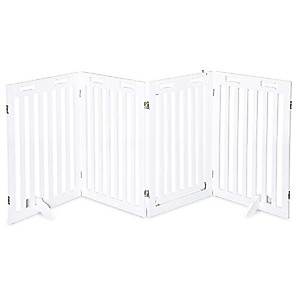 Arf Pets Freestanding Dog Gate with Door, 4 Panel 360° configurable Wooden White Fence, 80" Wide, 31.5" Tall, Foldable, Set of Foot Supporters Included, for The House - Indoor Use