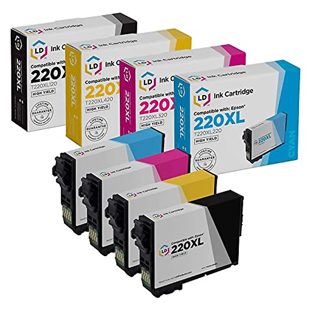 LD Products Remanufactured Replacement for Epson 220XL Ink Cartridges 220 XL (1 T220XL120 Black 1 T220XL220 Cyan 1 T220XL320 Magenta 1 T220XL420 Yellow 4-Pack) for XP-320 XP 420 WF-2650 WF2660 WF-2750