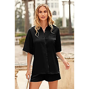 PRETTYGARDEN Women's 2 Piece Satin Pajama Sets Short Sleeve Button Down Tops And Shorts Set 2023 Summer Pjs Silk Sleepwear (Black,Medium)