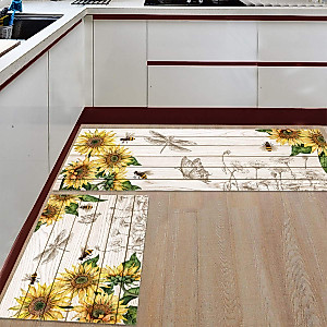 Queener Home Farm Sunflower Dragonfly Butterfly Kitchen Rugs Set of 2, Washable Floor Door Mats Comfort Area Runner Rug Non-Slip Rubber Backing for Indoor Retro Wood Grain