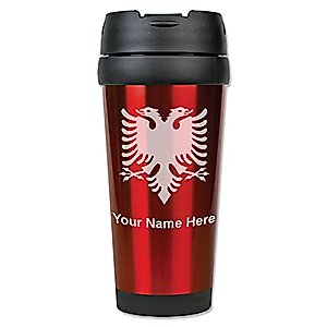 LaserGram 16oz Coffee Travel Mug, Flag of Albania, Personalized Engraving Included (Red)