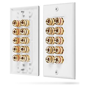 Fosmon [Five Speaker] Home Theater Wall Plate - Premium Quality Gold Plated Copper Banana Binding Post Coupler Type Audio Wall Plate for 5 Speakers (White)