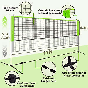 17ft Badminton Sets for Backyards, All-in-One Outdoor Volleyball and Badminton Combo Set - Includes Height Anti-Sag Net, Volleyball, Air Pump, 2 Badminton Rackets, 3 Birdies, Scoreboard and More