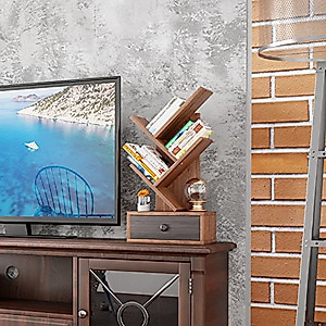 Giantex 5-Tier Tree Bookshelf with Drawer - Freestanding Retro Small Book Storage Rack for Small Place, Kids Room Wooden Decorative Bookcase with Storage for CDs, Magazines, Books, Brown