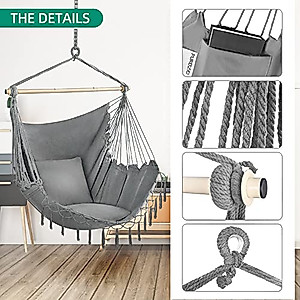 PUREKEA Oversized Hammock Chair with Hanging Hardware Kit, Swing Chair for Indoor & Outdoor, Max 330 Lbs, Include Carry Bag & Two Soft Seat Cushions (Light Grey)