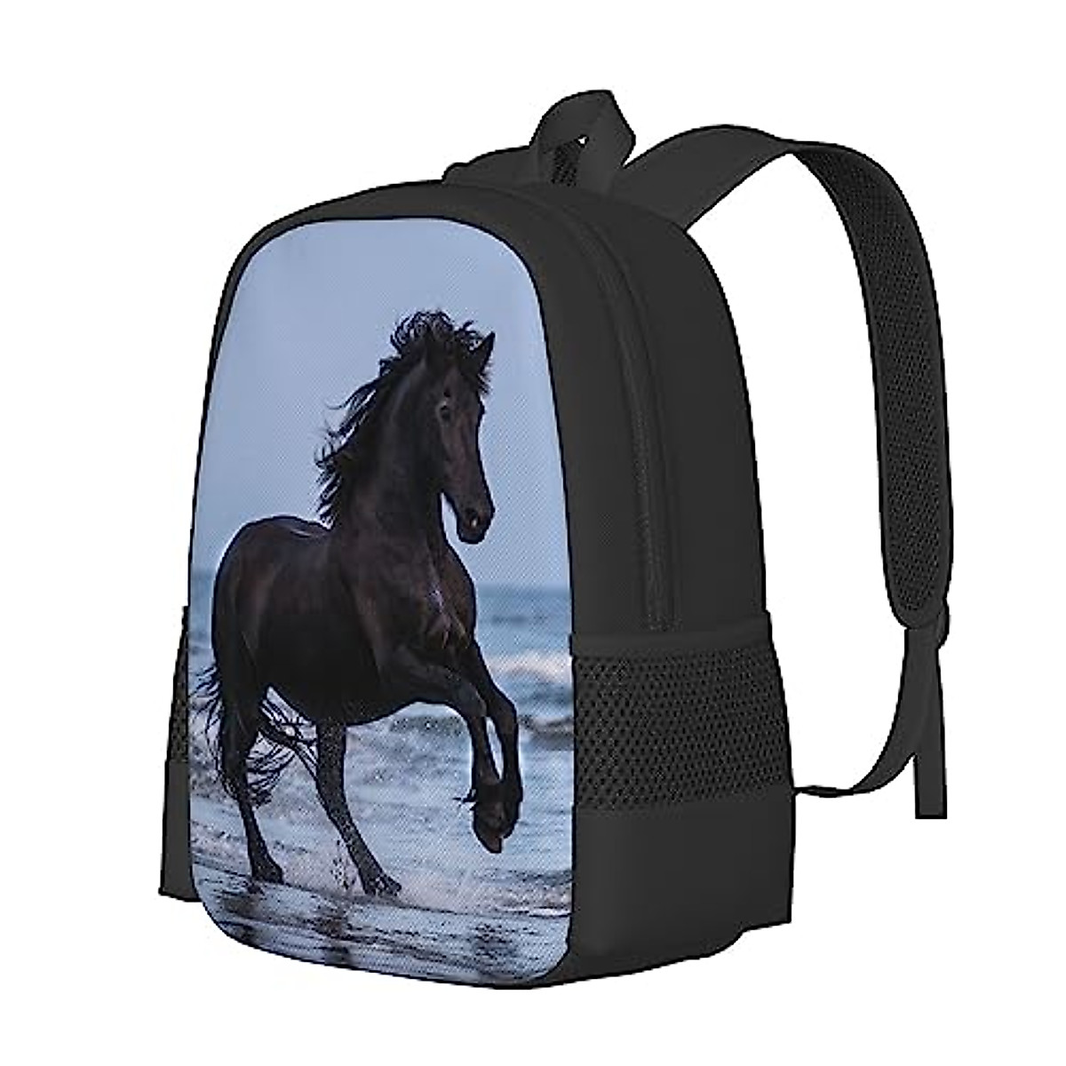 WZOMT Horse Backpack for Girls Boys, Black Galloping Horse on the Beach Animal Bookbags College Student Schoolbags Rucksack Laptop Daypack Water Resistant Sport Hiking Travel Bags Large 17"