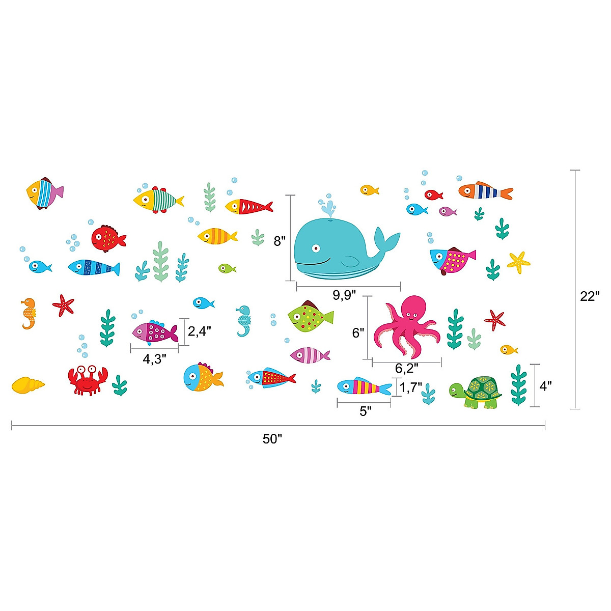 Ocean Fish Wall Decals – Sea Whale Turtle Tropical Creatures Bathroom Stickers - Cartoon Decorative Bathroom Wall Decal for Kids [>50 Art Decals]