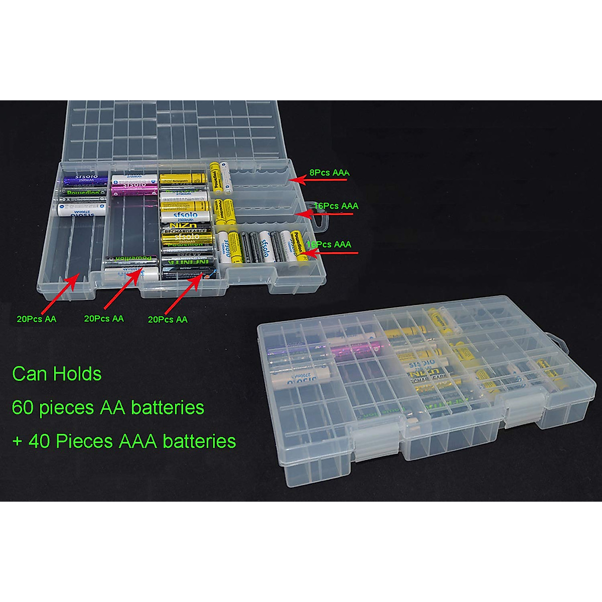 YXQ AA AAA Battery Storage Box Organizer Holder Clear Plastic Case Container Portable-Holds 60xAA + 40AAA Batteries