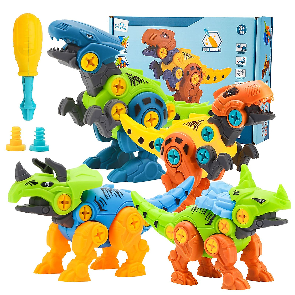 3 otters Take Apart Dinosaur Toy, STEM Toys for Kids 4PCS STEM Dinosaur Building Blocks Educational Gifts for 3 4 5 6 7 8 Year Old Boys Girls