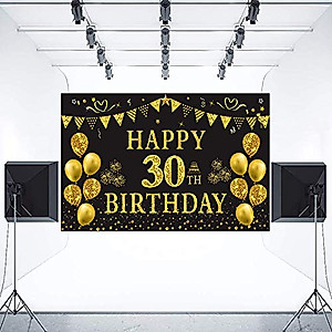 Trgowaul 30th Birthday Backdrop Gold and Black 5.9 X 3.6 Fts Happy Birthday Party Decorations Banner for Women Men Photography Supplies Background Happy Birthday Decoration