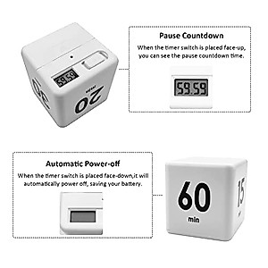 Feilifan Cube Timer, Time Cube Timer Kitchen Timer Kids Timer for ADHD Productivity Workout Flip Timer Classroom for StudyTime Countdown Management Settings 15 20 30 60 Minutes-White