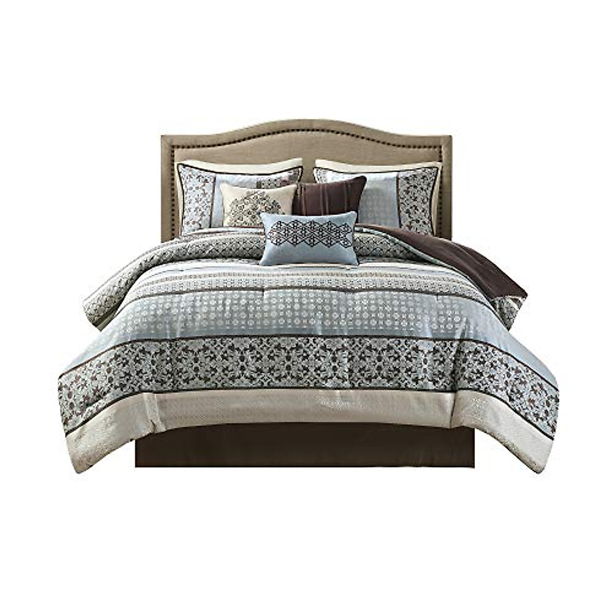 Madison Park Cozy Comforter Set - Luxurious Jaquard Traditional Damask Design, All Season Down Alternative Bedding with Matching Shams, Decorative Pillow Princeton Blue Queen(90"x90") 7 Piece