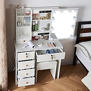 Jarbalai Vanity Desk with Mirror & Lights, Vanity Table with LED Lighted Mirror & Power Outlet, Vanity Set with Drawers and Cushioned Stool for Girls Bedroom, White