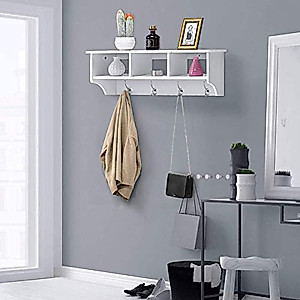 Byroce Wall Mounted Storage Cabinet, Floating Display Cabinet with 4 Dual Hooks and 3 Open Compartments, Hanging Shelf, Wall Cubby Organizer, Perfect for Entryway, Hallway, Living Room (White)