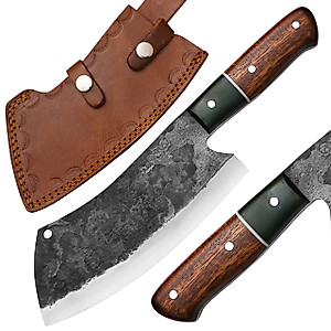 TheMohrim Full Tang Butcher Knife: Premium Meat Cutting Chopper - The Ultimate Chef's Choice for Dicing & Mincing (Rose Wood Micarte Handle)