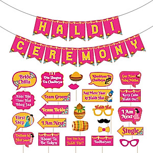 LoveNspire 25 Pcs Haldi Photo Booth Party Props & 1 Pcs Haldi Ceremony Banner Wedding Photoshoot Haldi Decoration Marriage Props for Bride and Family