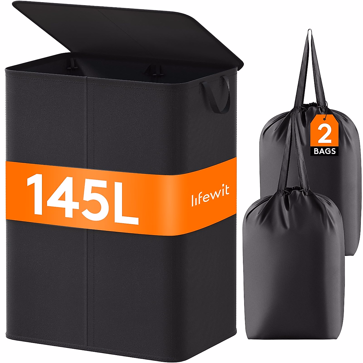Lifewit 145L Laundry Basket with Lid, Large Double Laundry Hamper 2 Section Dirty Clothes Hamper for Bedroom with 2 Removable Laundry Bags, Black