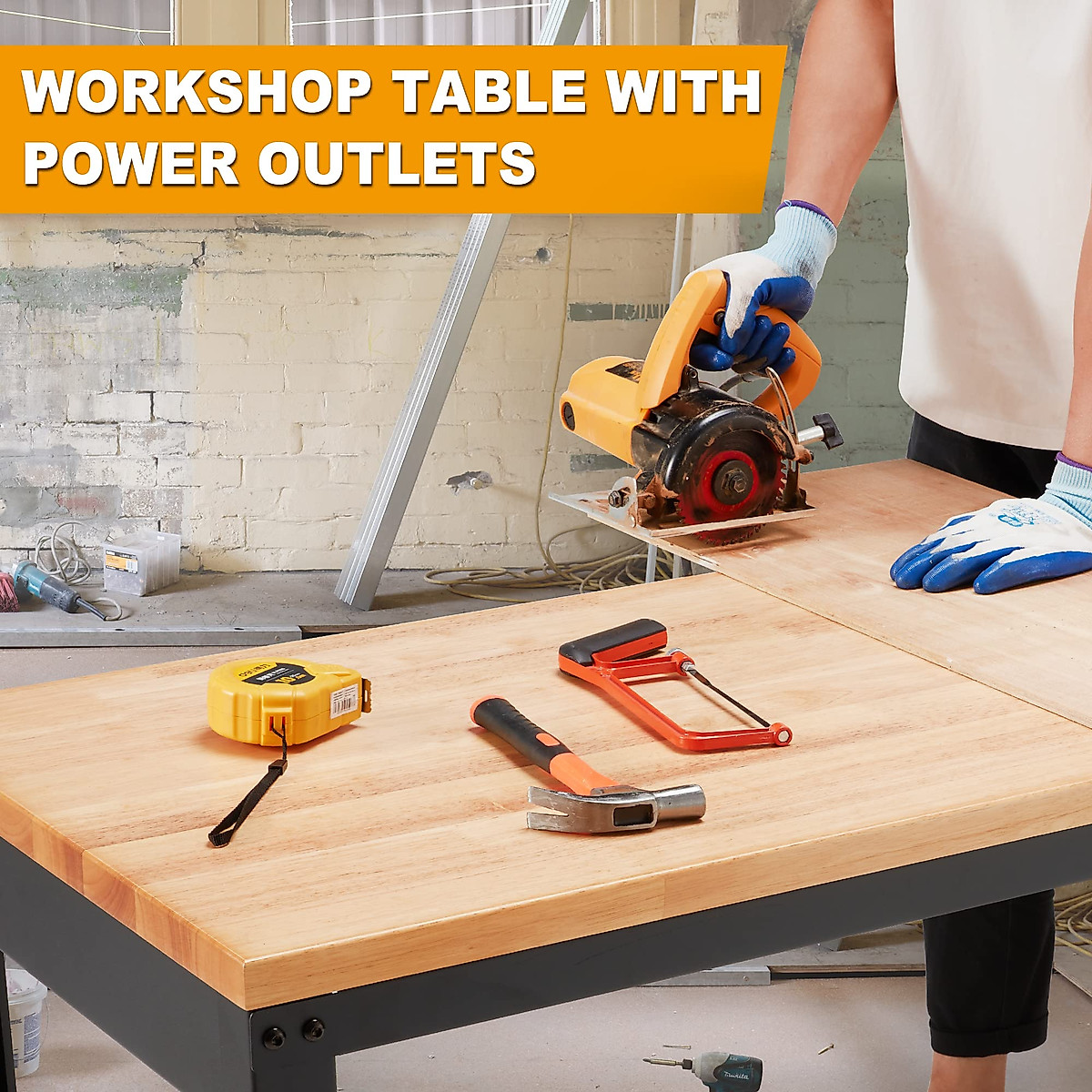 AHB 60" Workbench Adjustable Height, Oak Wood Work Table with Power Outlets, Max 2000 LBS, Heavy Duty Workstation for Garage Party Shop Office Home(Black 60"x 22")