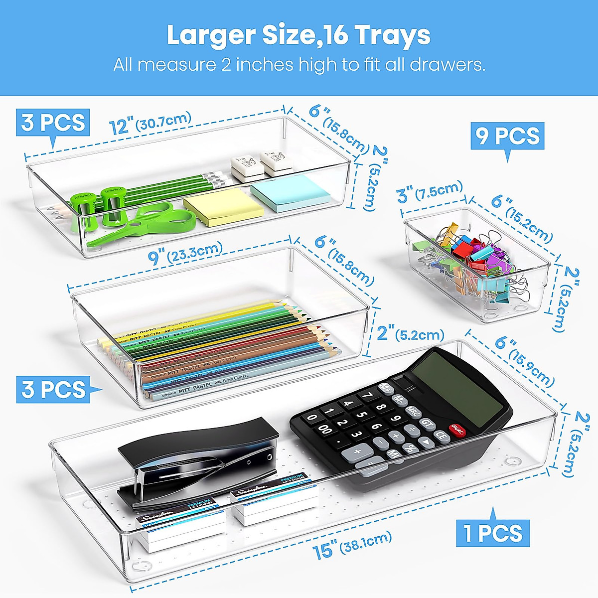 CERMENK 16 Pack Large Clear Drawer Organizer,Bathroom Drawer Organizer Trays,4 Size Plastic Kitchen Drawer Organizer and Storage,Acrylic Vanity Storage Bins for Kitchen Utensils,Office,Makeup