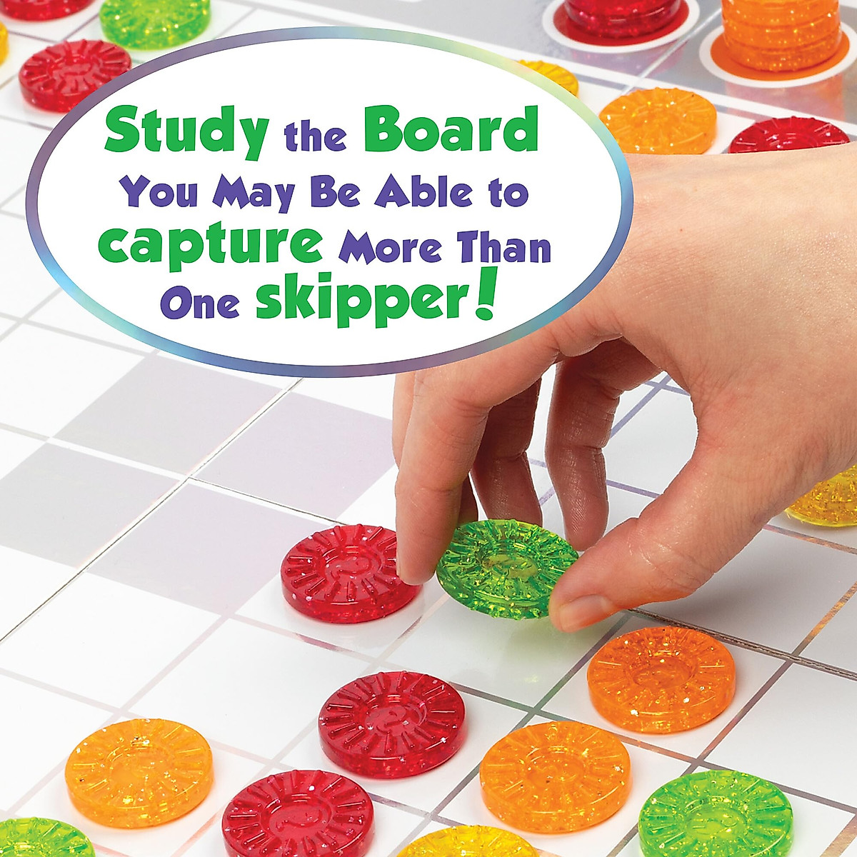 MindWare Skippity – Jump-and-Capture Board Game for 2 to 4 Players – Twist on Checkers – 100pc – Fun for Kids & Adults, Ages 5+